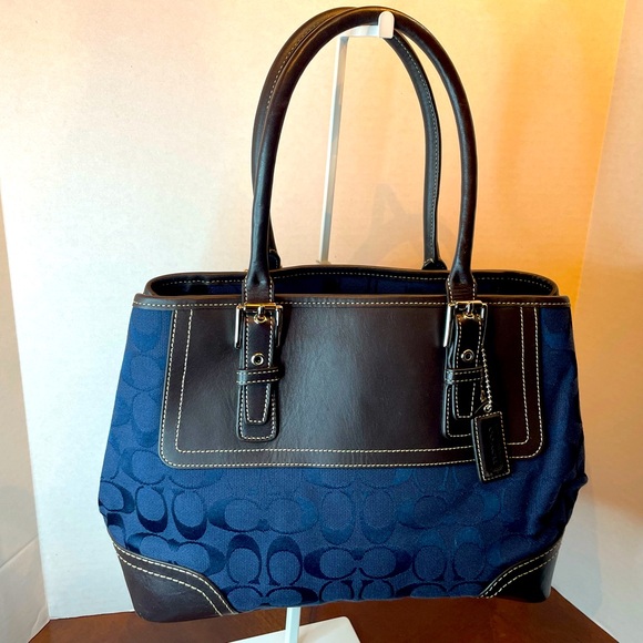 Coach | Bags | Coachnavy Blue Signature Canvas With Brown Leather Trim ...
